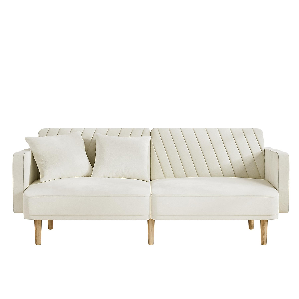 OUYESSIR Futon Sofa Bed, 75.3", Couch, Small Sofa, Sleeper Sofa, Loveseat, Mid Century Modern Velvet Futon Couch with 2 Pillows for Living Room (Beige White Velvet, Futon)