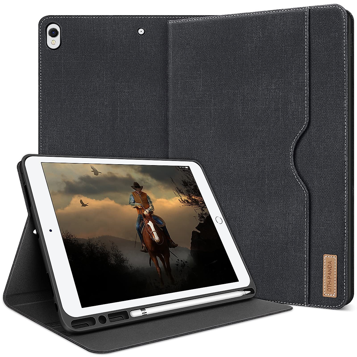 DTH-PANDA iPad Air 3rd Generation Case, iPad Pro 10.5 Inch 2019/2017 Cover, with Apple Pencil Holder, PU Leather with Pocket, Auto Sleep/Wake Function (Crow Black)