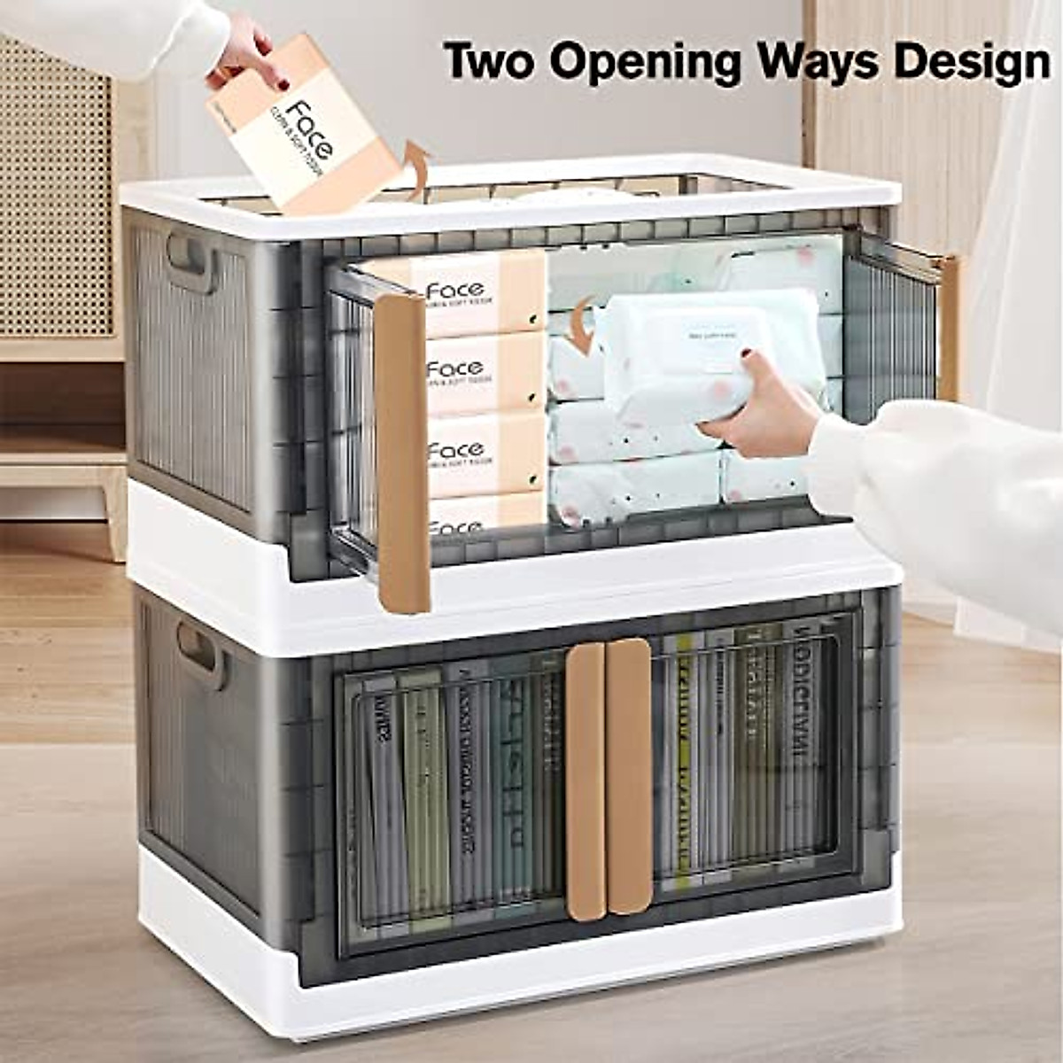 MOSFiATA Storage Bins with Lids - 8.4Gal Stackable Storage Bins, Folding Storage Box for Closet Organizer, Plastic Collapsible Storage Bins with 2 Doors & Wheels for Home Kitchen,1 Pack