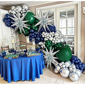 Navy Blue Green Silver Balloon Garland Double Stuffed Dark Green Silver Balloon Forest Green Navy Balloon Silver Metallic Balloon Arch Kit for Birthday Football Game Dinosaur Grad Party Decoration
