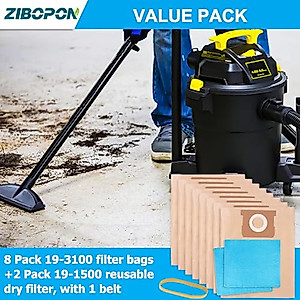 Zibopon 19-3100 Disposable Filter Bags Compatible with Stanley 5-6 Gallon Wet/Dry Vac: SL18115, SL18115P, SL18116, SL18116P, 2 Reusable Filters & 1 Retaining Band(8 Pack)