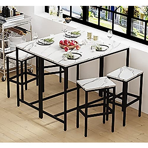Yongchuang 3 Piece Bar Table Set, Bar Table and Chairs Set of 2, Modern Counter Height Table with 2 Stools for Kitchen, Dining Room, Living Room Breakfast Table White Faux Marble Wood Top