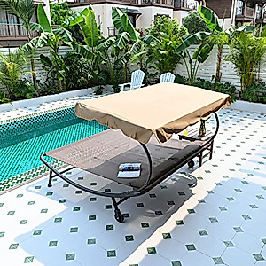 5-Star Compatible Ink Double Chaise Lounge Bed with Adjustable Canopy and Pillow and Wheels, Extra Large Patio Hammock Bed for Garden, Lawn, Backyard, Courtyard, 6.6'L x 6.5'W, Brown