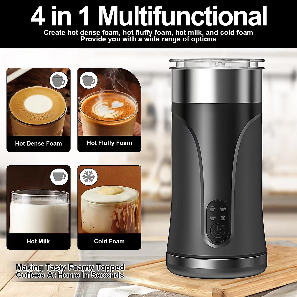 Milk Frother, Milk Frother and Steamer, Non-Slip Stainless Coffee Frother,4 IN 1 Hot & Cold Foam Maker with Temperature Control, Auto Frother for Coffee, Latte, Cappuccino, Macchiato,BPA Free (Black)