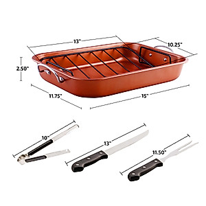 OVENTE Kitchen Oven Roasting Pan Nonstick Carbon Steel Baking Tray with V-Shaped Design Rack and Carving Knife Set, Easy Clean Dishwasher Safe & Cooking Roasting Turkey, Chicken, Copper CWR24619CO