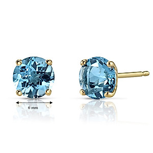 Peora 14K Yellow Gold Swiss Blue Topaz Stud Earrings for Women, Genuine Gemstone Birthstone, Round Shape, 6mm, 2 Carats total, Friction Back