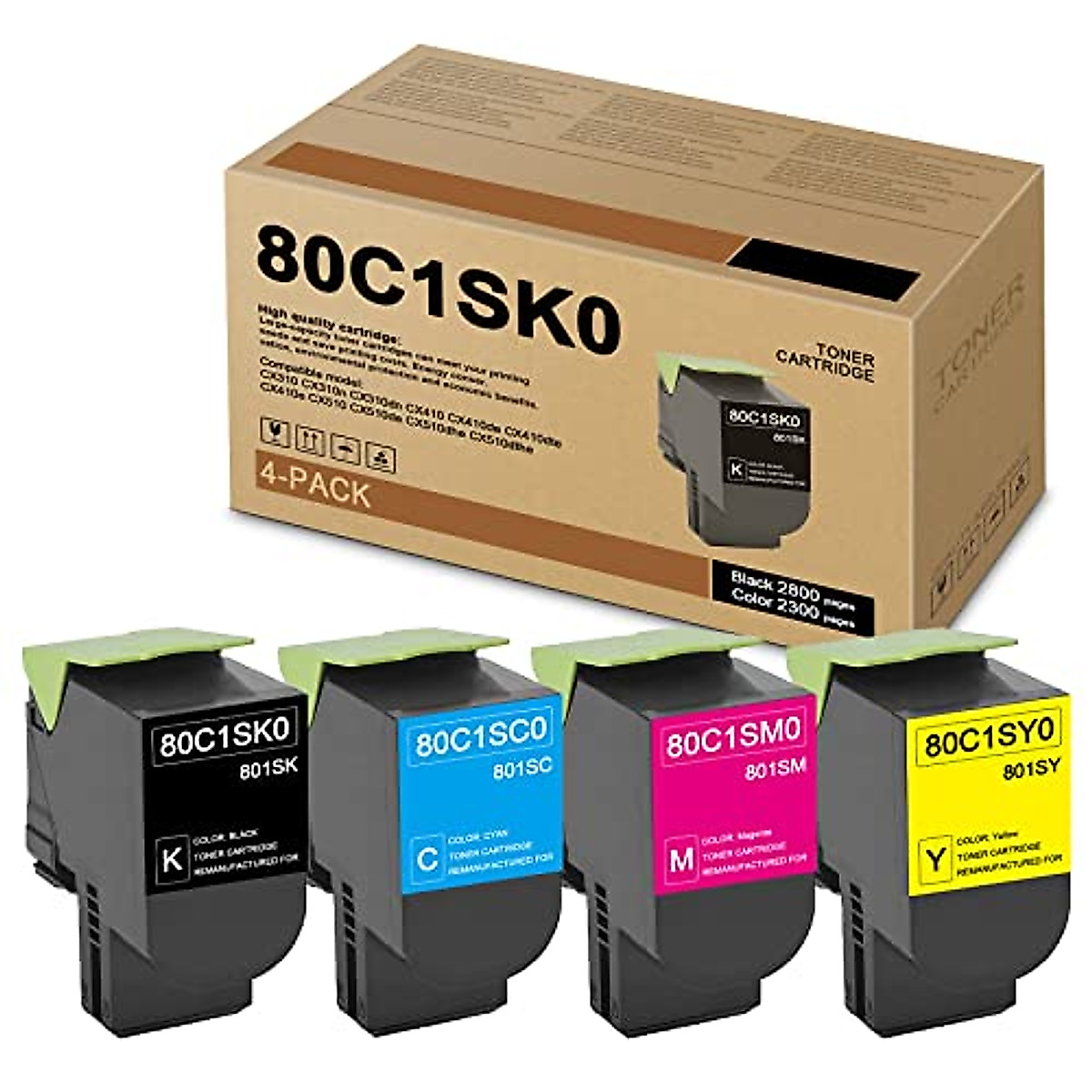 BERYINK Compatible 801SK 801SC 801SM 801SY 80C1SK0 80C0SCG 80C0SMG 80C0SYG Toner Replacement for Lexmark CX310 CX310n CX310dn CX410e CX510 CX510dhe CX510dthe Printer (4-Pack, 1BK+1C+1M+1Y)