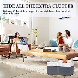 Bidtakay Large Storage Bins Collapsible Fabric Storage Baskets with Plastic Board 16x12 Inches Cube Organizer with Handles Lightweight 2-Pack Clothes Baskets Linen Storage Bins White/Grey