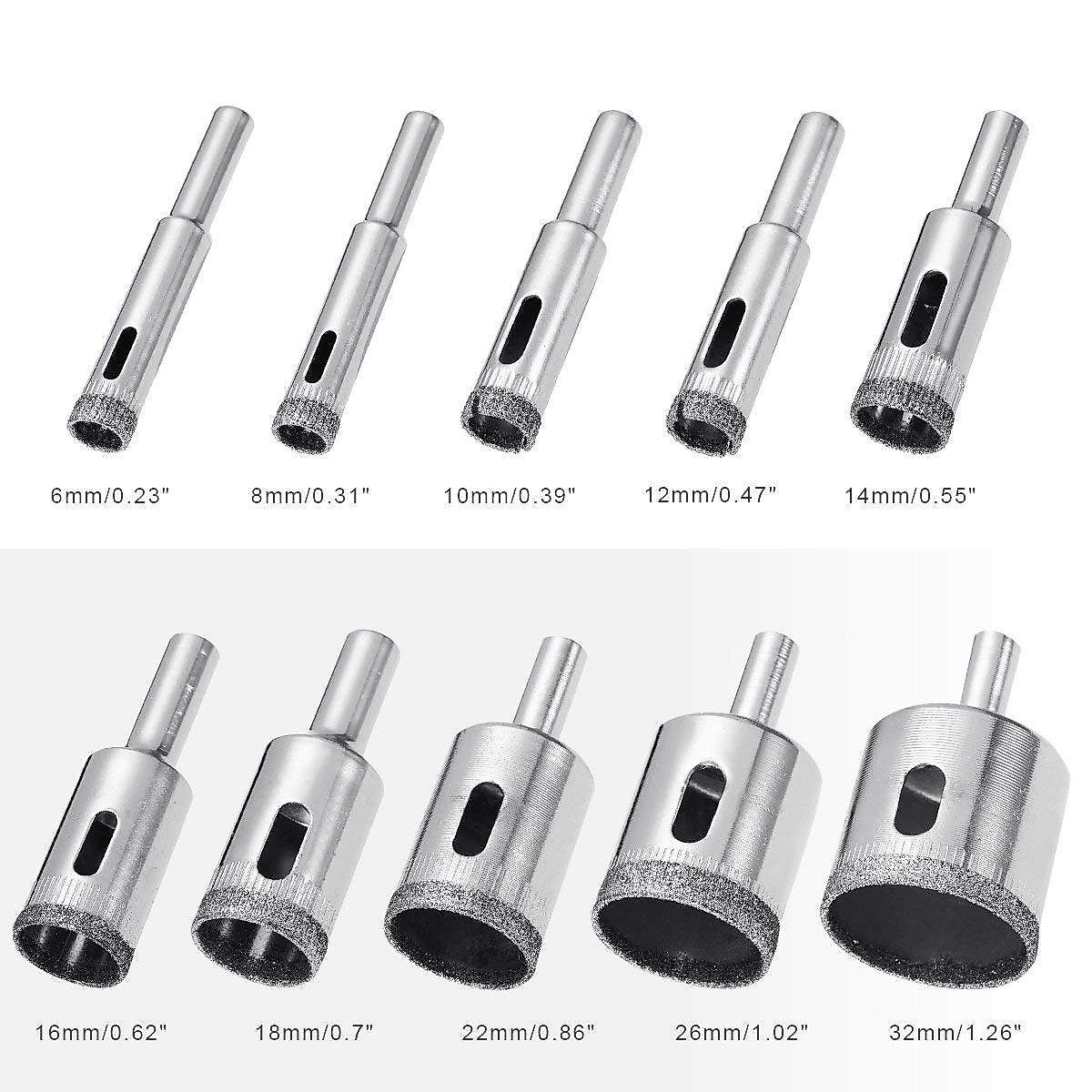 Baban Diamond Drill Bits,10Pcs Hole Saw Diamond Drill Bit Hollow Core Drill Bit Set for Diamond Coating, Carbon Steel for Glass, Ceramics, Porcelain, Ceramic Tile, Marble, 6-32mm Hand Tools