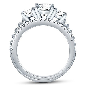 Solid 14k White Gold CZ Cubic Zirconia 3 Three Stone Bridal Engagement Ring w/Matching Wedding Band Two Ring Set - Round Brilliant Cut Solitaire with Round Side Stones (3.0cttw, 1.0ct. Center)