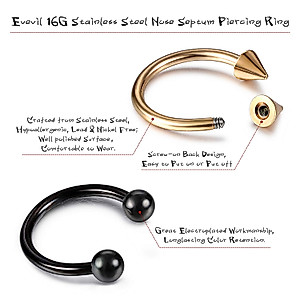 Evevil 14G 16G Septum Jewelry Surgical Steel Small Septum Ring for Women Men Nose Nostril Rings Lip Labret Cartilage Body Piercing (16G,10pcs,8mm,ball&spike)