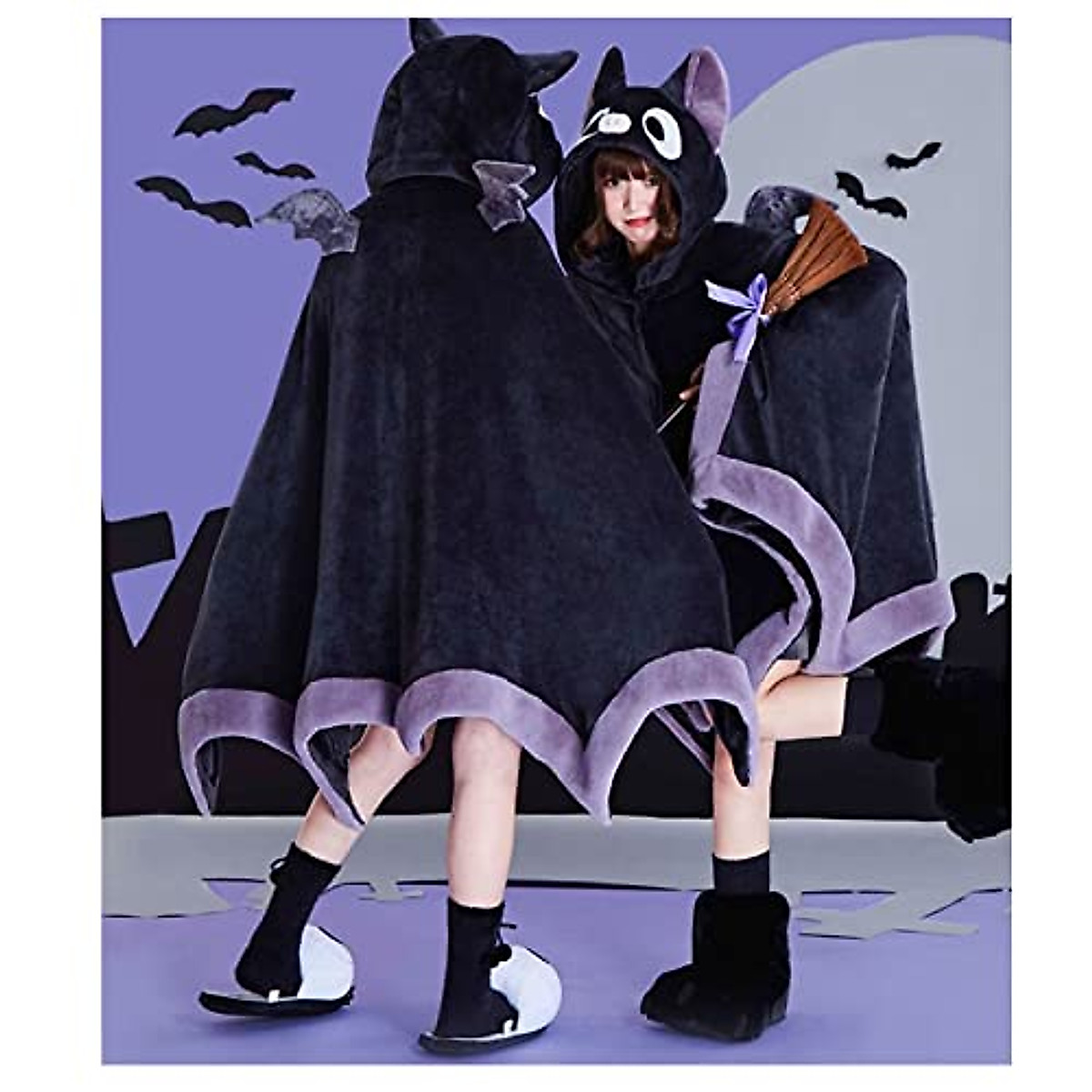 Cute Halloween Wearable Blanket Hoodie for Adults Devil Bat Hooded Blanket Oversized Soft Sherpa Hoodie Women Throw Cloak Wrap with Demon Wings for Women Men Child Student,XL