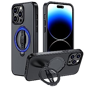 EWA Designed for iPhone 14 Pro Max Case (6.7 Inch) Compatible with MagSafe, MagOne Case with Stand, Ring Holder Strap Grip, Shockproof Protection (Matt Black)