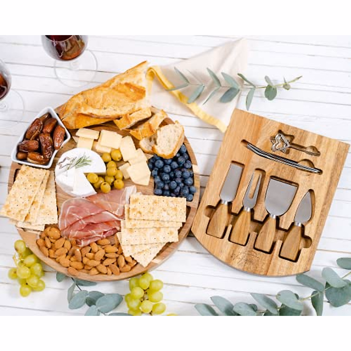 WinTruffles Acacia Cheese Board Set - Cheese Board and Knife Set, Cheese Platter, Cheese Platter Board, Cheese Tray, Charcuterie Board Set … (Round Acacia)