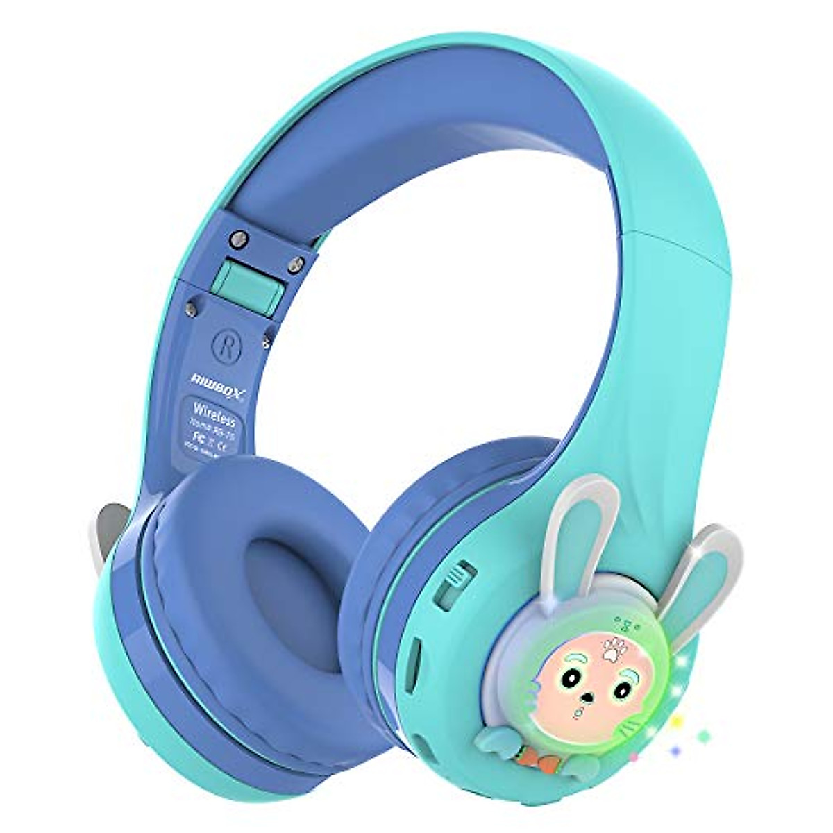 Riwbox RB-7S Rabbit Kids Headphones Wireless, LED Light Up Bluetooth Over Ear Headset Volume Limited Safe 75dB/85dB/95dB with Mic and TF-Card, Children Headphones for Girls Boys (Blue&Green)
