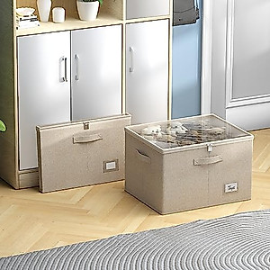 FHSQX Shoe Organizer for Closet,Fits 12 Pair,Shoe Storage Bins with Clear Cover & Adjustable Dividers for Shoes,Shoe Box Storage for Handbags,Blankets,Linen,Clothing (Beige, (19.7 * 15.7 * 12.9) x1)