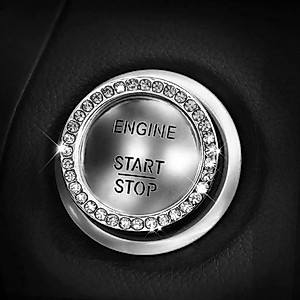 6 Pcs Bling Car Decor Crystal Rhinestone Ring Emblem Sticker, Engine Start Stop Decoration Ring Car Interior Accessories for Women, Push to Start Button Cover, Key Ignition & Knob Bling Ring, Silver