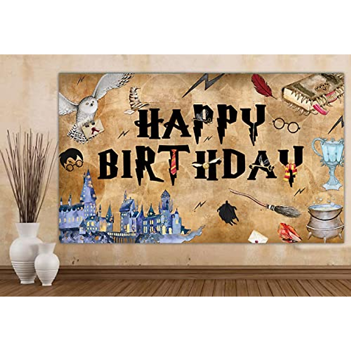 6 X 3.6ft Wizard Happy Birthday Party Supplies Wizard Birthday Party Backdrop Magical Wizard Birthday Banner Decoration Boys Girls Birthday Decoration Wizard School Birthday Decoration