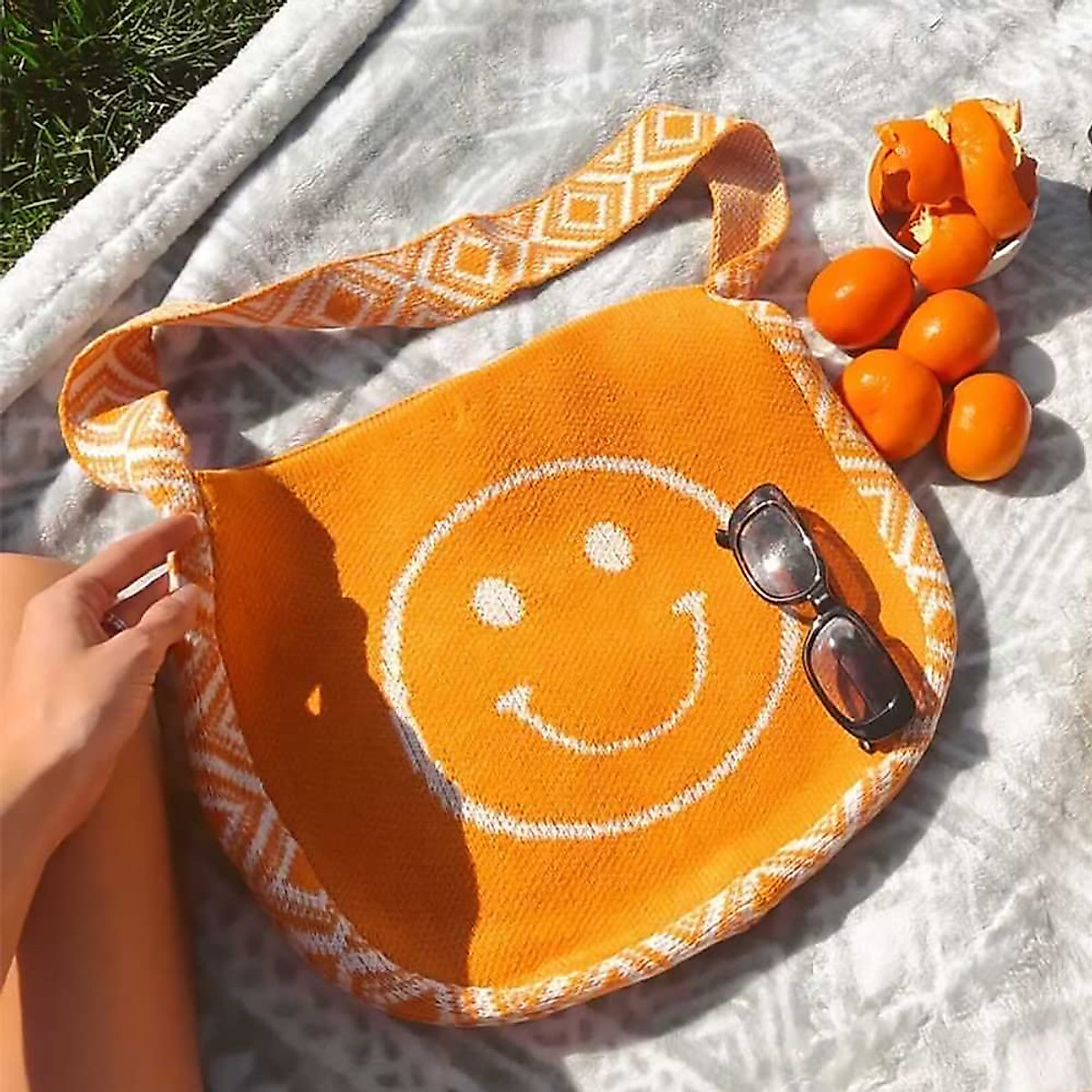 Fifth & Ninth Poppy Smiley Face Retro Knit Bag for Women (Orange)