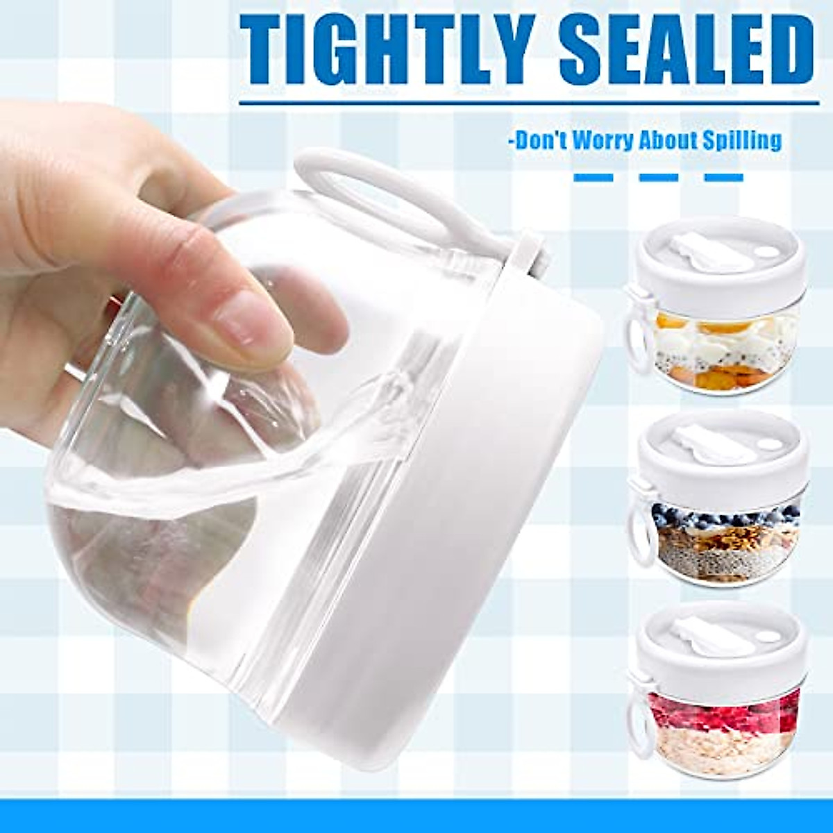 4 Pcs Overnight Oats Container with Lids and Spoons, 20 oz Plastic Overnight Oats Jars Large Capacity Airtight Yogurt Container for Milk, Fruit, Cereal and Salad Storage (White)