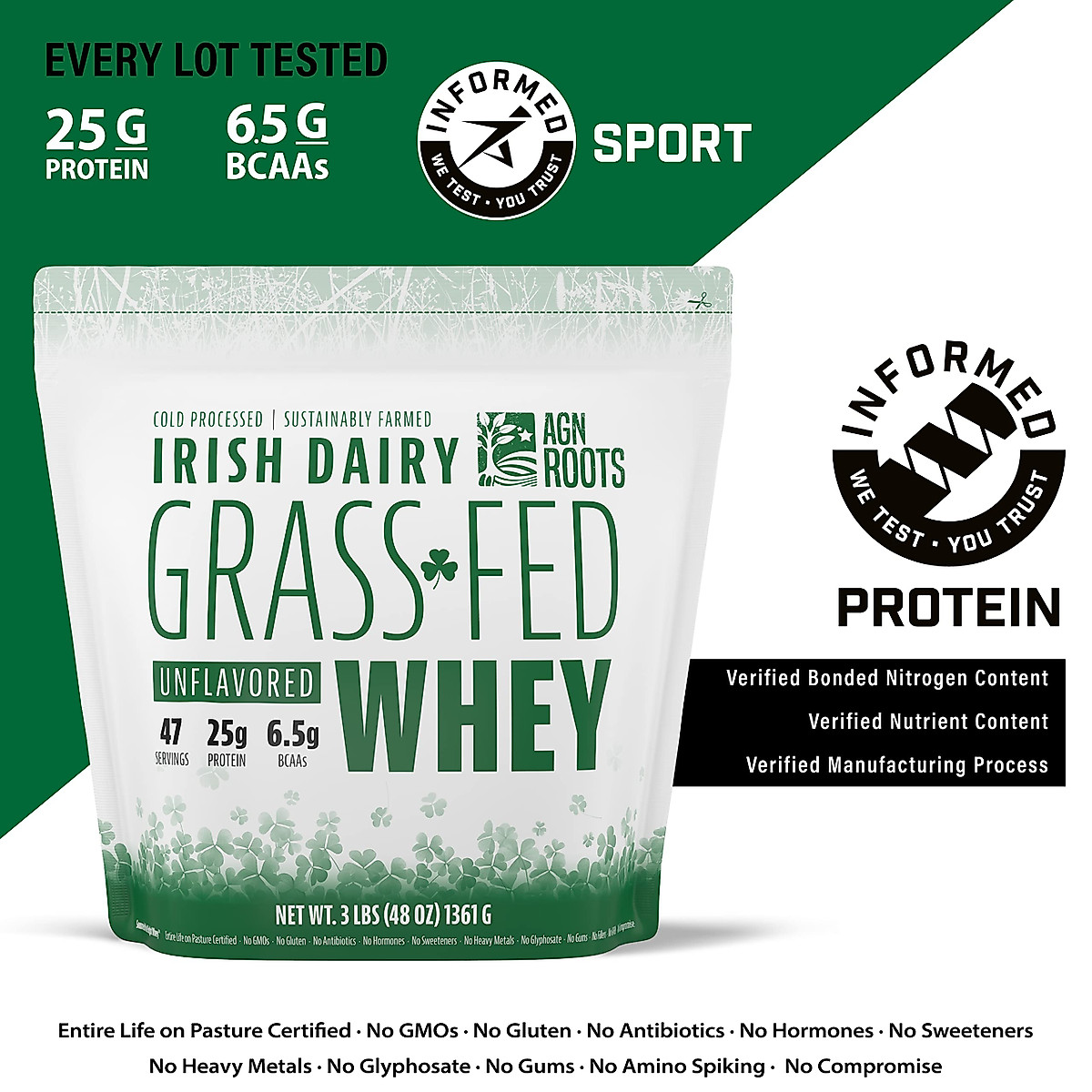 AGN Roots Grass Fed Whey Protein Powder Isolate - Unflavored - Unsweetened - Certified Entire Life On Pasture - A Greener World - ASPCA Registered Brand List - Informed-Sport - 3lbs