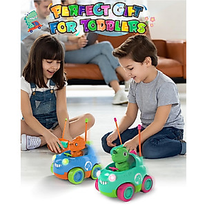 Kizeefun Dinosaur Remote Control Cars for Toddlers 2 Pack, 2-5 Kids Toys Dino Electric RC Trucks for 2 3 4 5 Year Old Age Boys Girls Birthday Christmas Ideas