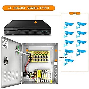 WEILAILIFE CCTV Power Supply Box, 9 Channel 12V 5A DC Distributed Power Supply Box, AC Plug Cord & Key Lock, Output AC to DC for Security Camera System, DVRs, IP Cameras, CCTV Cameras