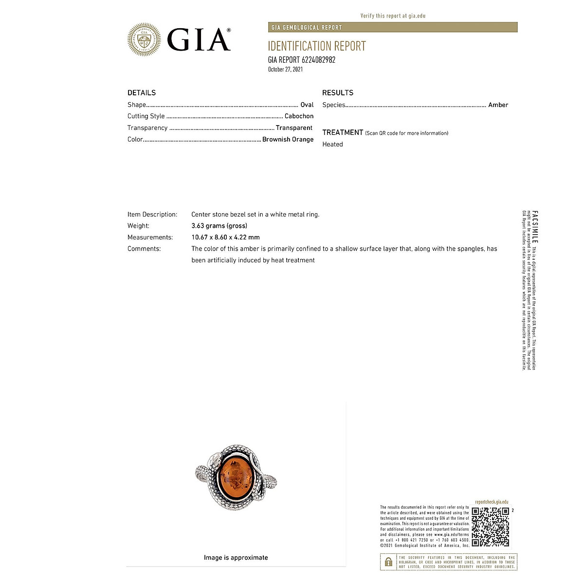 HolidayGiftShops GIA Certified Sterling Silver and Baltic Honey Amber Snake Adult Ring- size 9