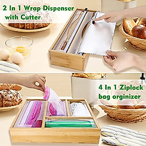 6 in 1 Ziplock Bag Organizer, Separate Bamboo Plastic Bag Organizer, Foil Dispenser with Cutter, with Acrylic Lid, Label, for Sandwich Snack Gallon Quart Bag, for Housewarming Mother's Day Gifts