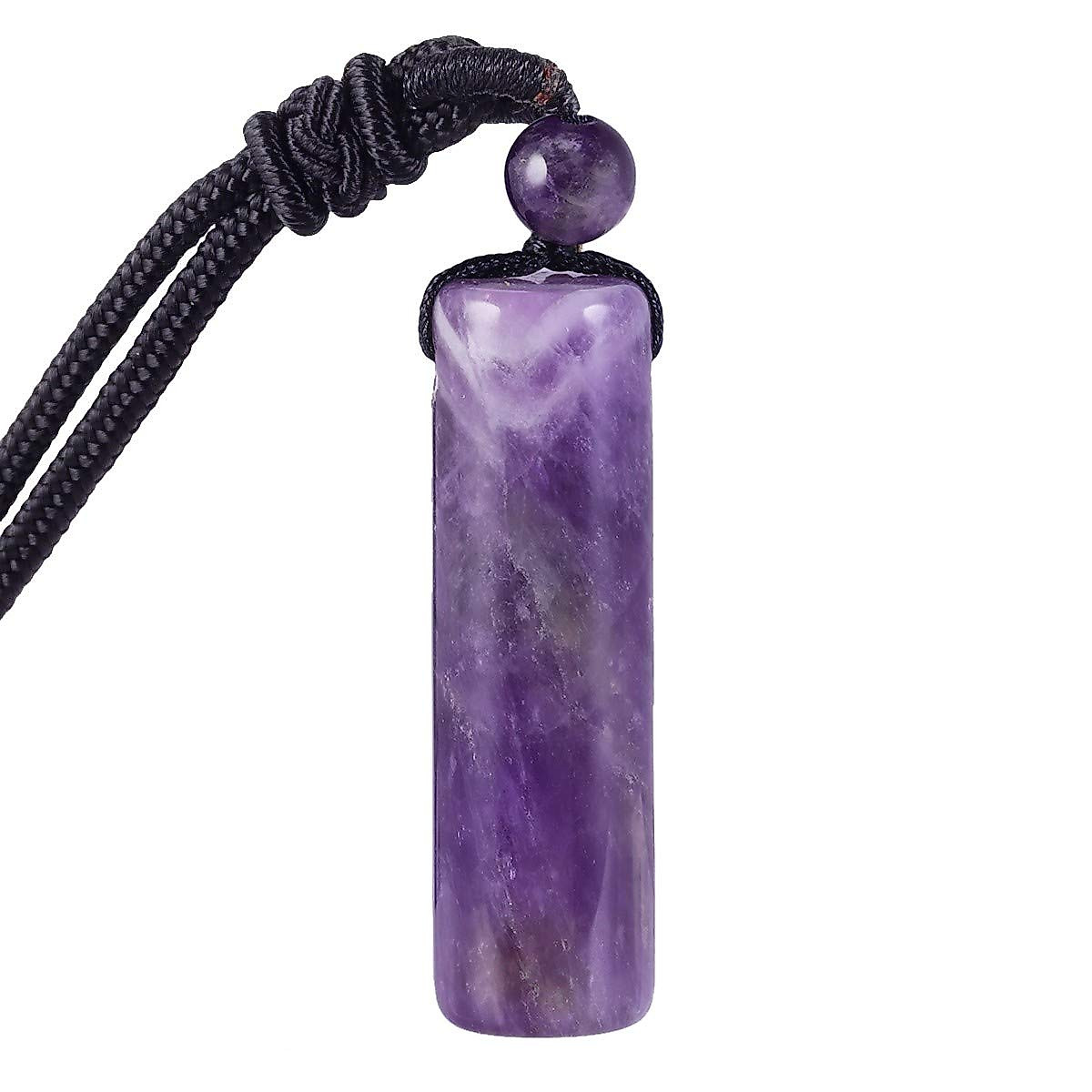 Nupuyai Cylinder Amethyst Pendant Necklace for Unisex, Wand Amulet Reiki Stone Adjustable Braided Cord 18"-27"