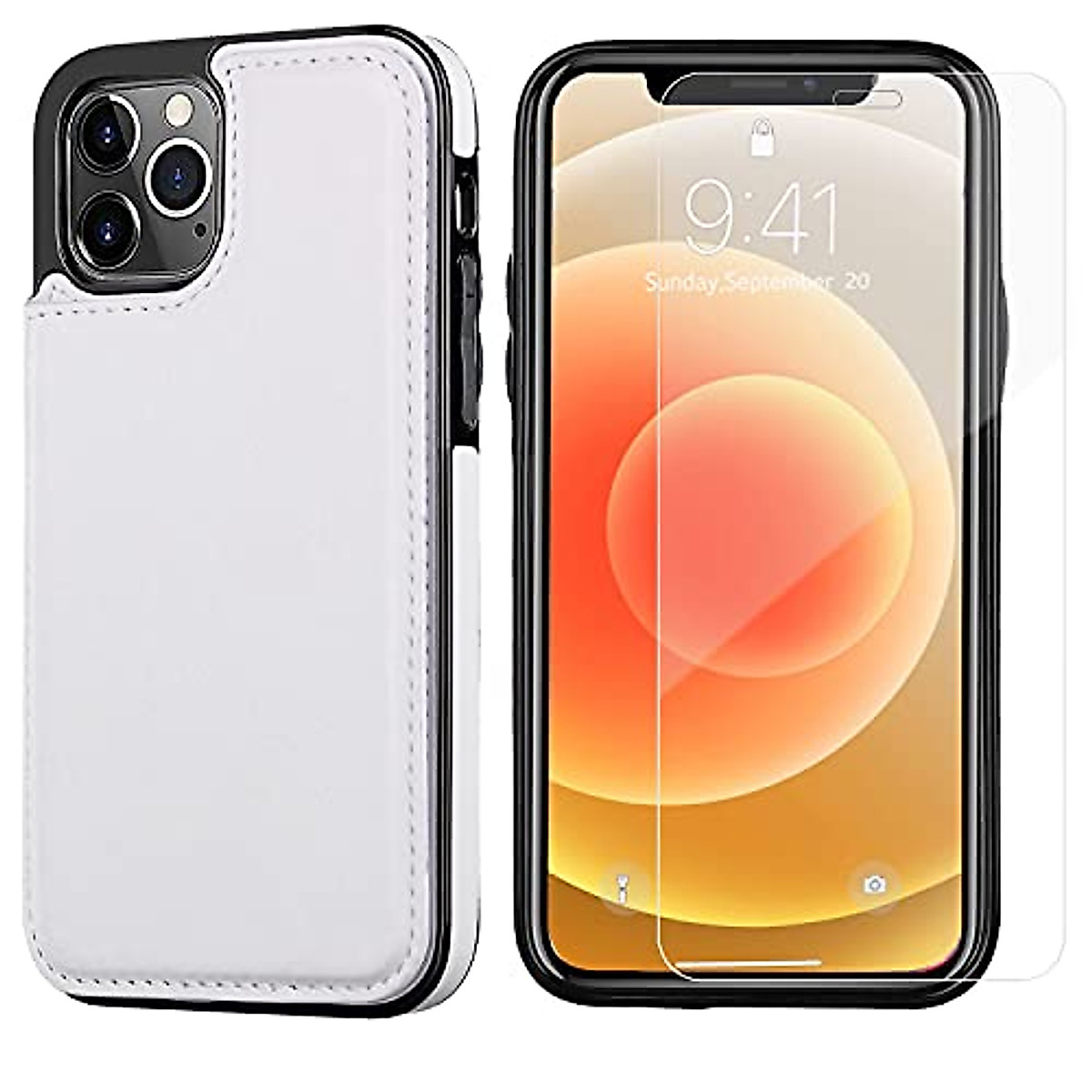 JOYAKI Wallet Case Compatible with iPhone 12 Pro/12,Slim Protective case with Card Holder,Premium PU Leather Kickstand Card Slots Case with a Screen Protective Glass for iPhone 12pro/12(6.1")-White