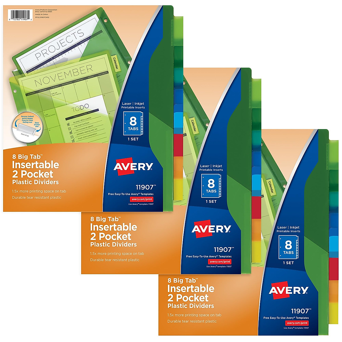 Avery 8-Tab Plastic Pocket Dividers for Home Office or Homeschool Supplies, Insertable Multicolor, 3 Sets (11907)