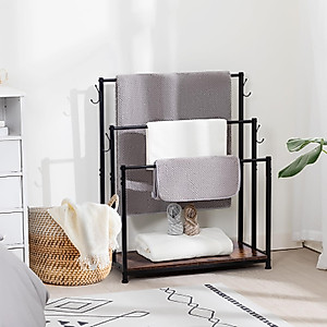 LOAKEKEL 3 Tier Towel Rack with 4 Hooks, Freestanding Blanket Ladder, Towel Holder with Metal Frame, Blanket Rack for Bedroom, Blanket Holder for Bathroom, Brown HTR032BR