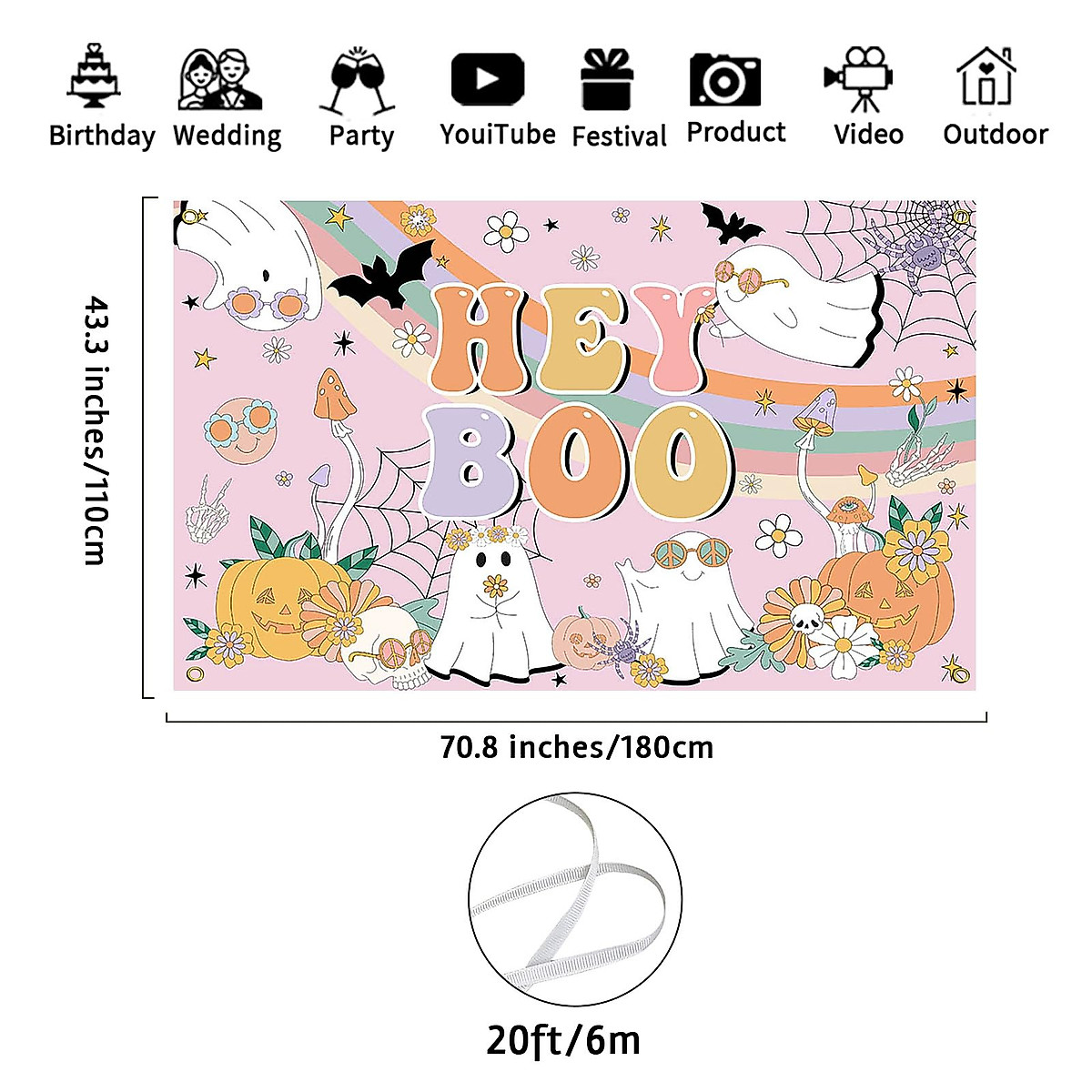 Avezano Halloween Hey Boo Baby Shower Backdrop Halloween Groovy Boho Rainbow Retro Hippie Theme Baby Shower Banner Little Boo Daisy Baby Shower Party Decorations Photo Background 70.8 x 43.3 Inch