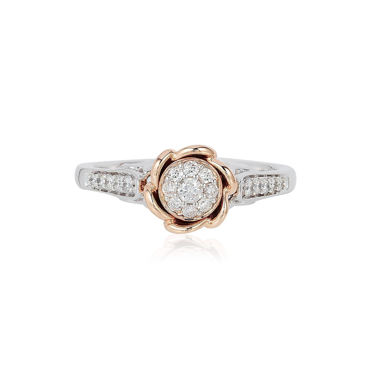 Jewelili Enchanted Disney Fine Jewelry 14K White Gold and Rose Gold 1/4 Cttw Belle Rose Engagement Ring, Size 8