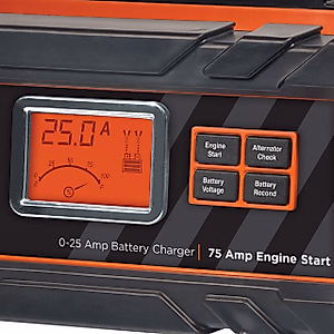 BLACK+DECKER BC25BD Fully Automatic 25 Amp 12V Bench Battery Charger/Maintainer with 75A Engine Start, Alternator Check, Cable Clamps