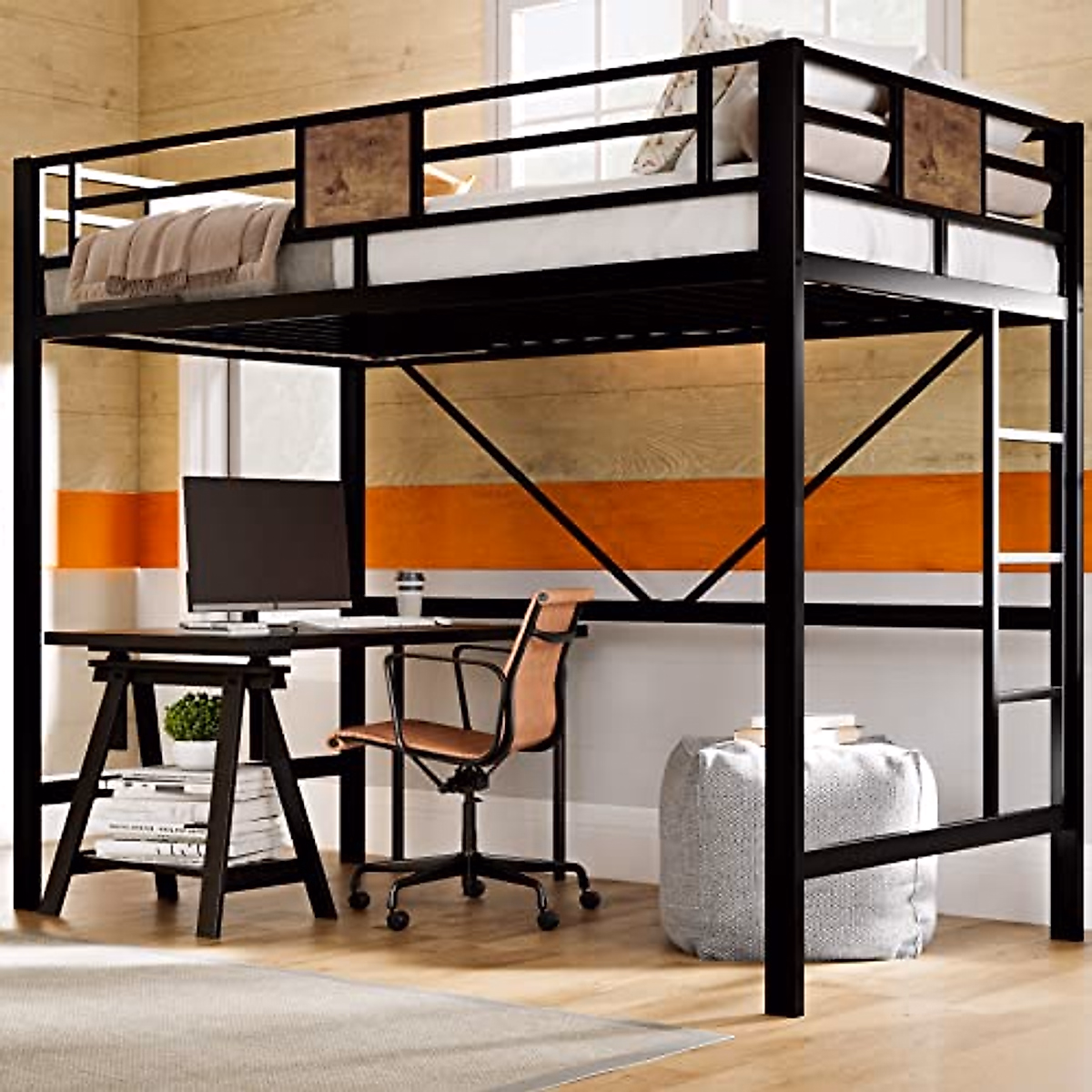 MUTICOR Twin Size Loft Bed Frame with Fully Enclosed Guardrail, Removable Ladders, Saving Space, No Springs, No Noise, No Shaking, Black