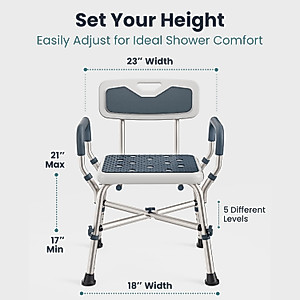 PELEGON Shower Chair (450lb) with Padded Armrests and Back, Shower Chair for Elderly and Disabled, Adjustable Height Shower Seat, Heavy Duty Shower Chair for Inside Shower, Handicap Shower Chair- Blue