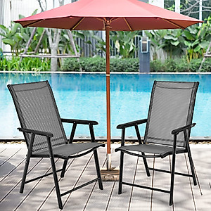 Tangkula Set of 4 Patio Folding Chairs, Fabric Dining Chairs with High Back & Armrests, Portable Camping Lounge Chairs with Sturdy Metal Frame, Outdoor Sling Chairs for Patio Lawn Garden (Grey)