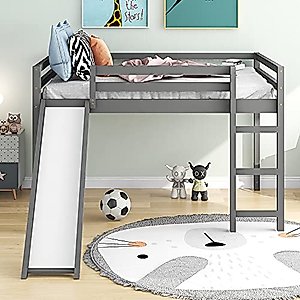 ODC Full Loft Bed with Slide and Ladder, Solid Wood Low Loft Bed Frame for Kids, Full Size Loft Bed for Kids/Teens/Grils/Boys, No Box Spring Needed