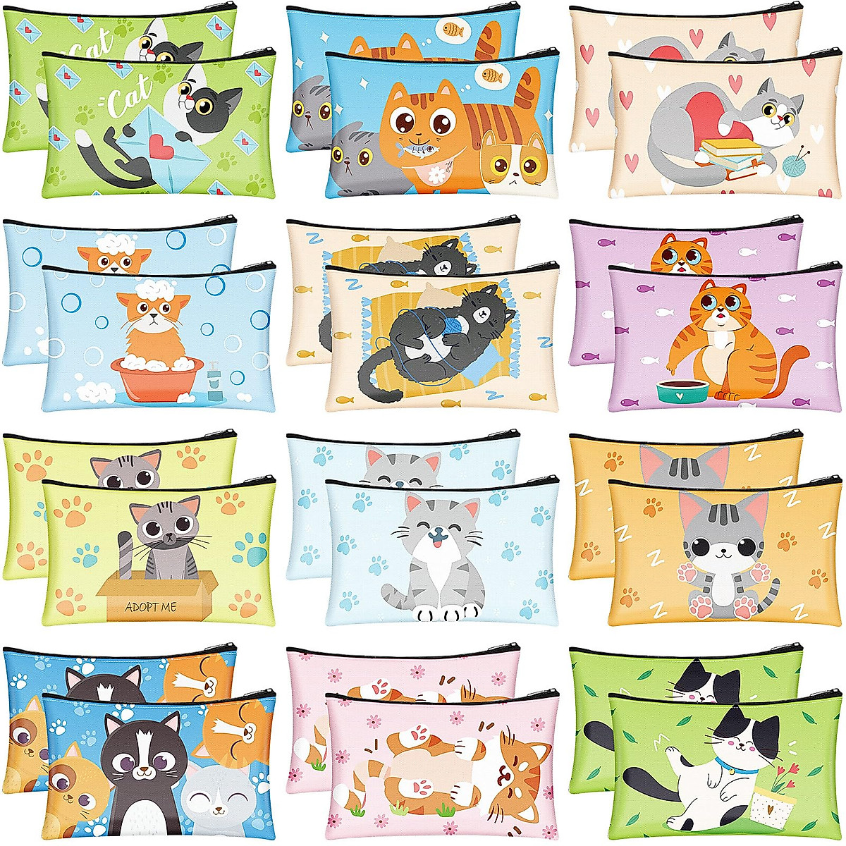 Shinylin 24 Pcs Bulk Cartoon Zipper Pencil Case Pouch Cute Cartoon Animal Pen Bag Multipurpose Canvas Cosmetic Bag Pouches Organizer for Boy Girl Stationary Storage(Cat Style)