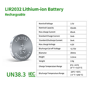 EEMB 10PCS LIR2032 Rechargeable Battery 3.7V Lithium-ion Coin Button Cell Batteries 45mAh 2032 Rechargeable Battery