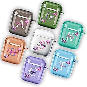 Custom Name & Initial Crystal Clear Airpods Case for Apple AirPod 1 and 2nd Generation，Thin Shockproof Protective Customized Transparent Case（Purple Butterfly）