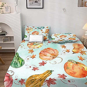 Thanksgiving Sheets Full Size Sheet Sets - Autumn Leaves Pumpkin Bed Sheets, Soft Microfiber & Deep Pocket & Wrinkle Free Bedding Sheets & Pillowcases, 1 Fitted Sheet, 1 Flat Sheet, 2 Pillow Cases
