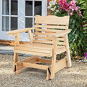Giantex Outdoor Glider Rocking Chair - Wood Porch Rocker with High Back, Widened Armrests, Curved Seat, Rotatable Cup Holder, Patio Slat Rocking Chair for Backyard, Balcony, Poolside, Natural