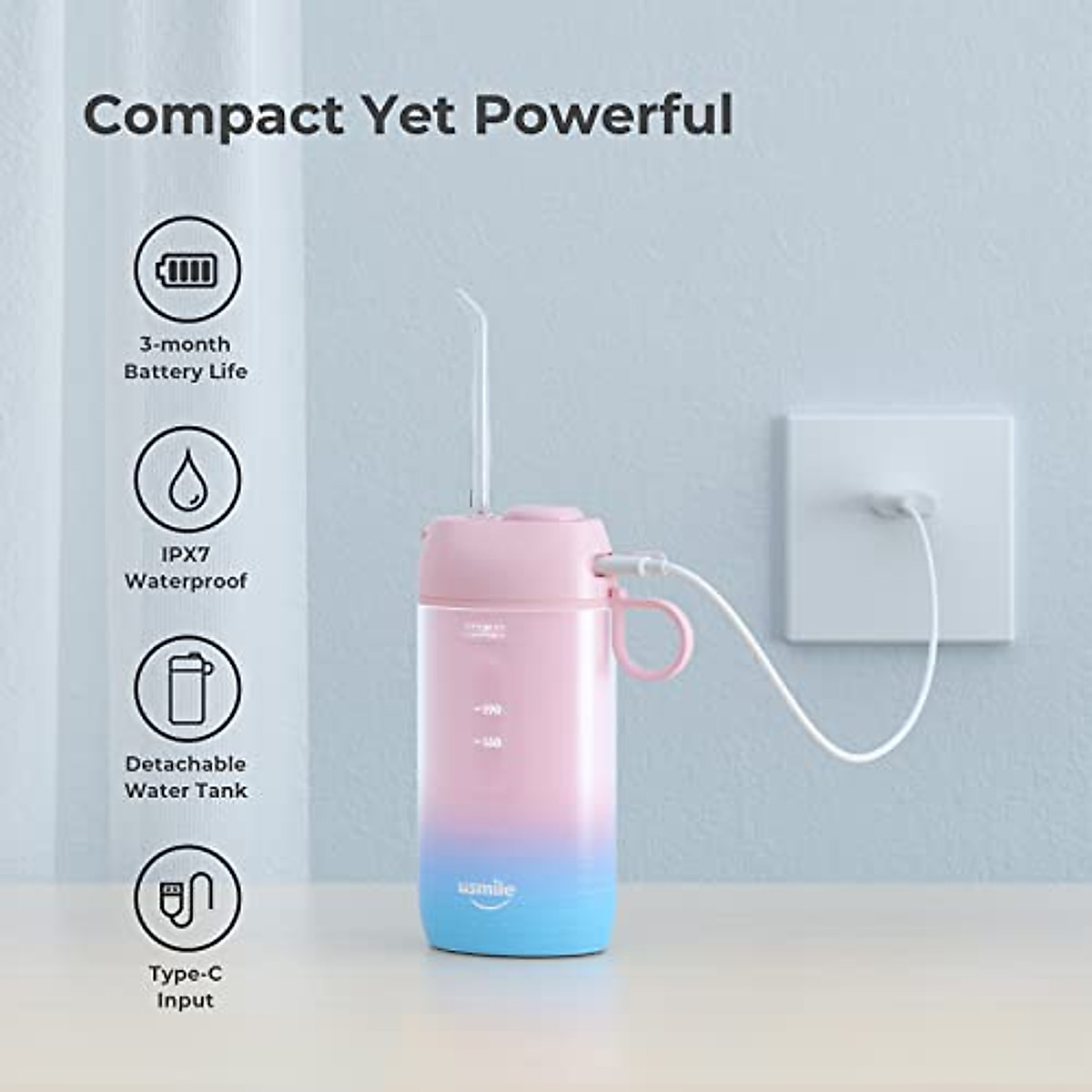 usmile Water Flosser, USB Rechargeable Portable Water Flosser for Teeth Cleaning, Water Dental Flosser Cordless with Detachable Water Tank for Home & Travel, C1 Pink