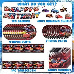 48pcs Cars Birthday Party Supplies Include Banner, Hanging Swirls, Plates, Napkin, Tablecloth for Cars Party Favors, Cars Party Decorations, Sever 10