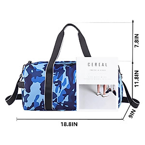mezhsa Kids Overnight Duffle Bag Girls Boys Sports Gym Bag with Shoe Compartment Wet Pocket Camouflage travel bag (Blue)