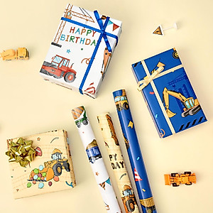 WERNNSAI Construction Wrapping Paper Rolls - 3 Short Rolls Birthday Wrapping Paper Rolls Kids Boys Wrapping Paper Rolls Trucks Wrapping Paper Blue Yellow White Gift Wrapping Paper with Cut Lines 17 in x 10 ft