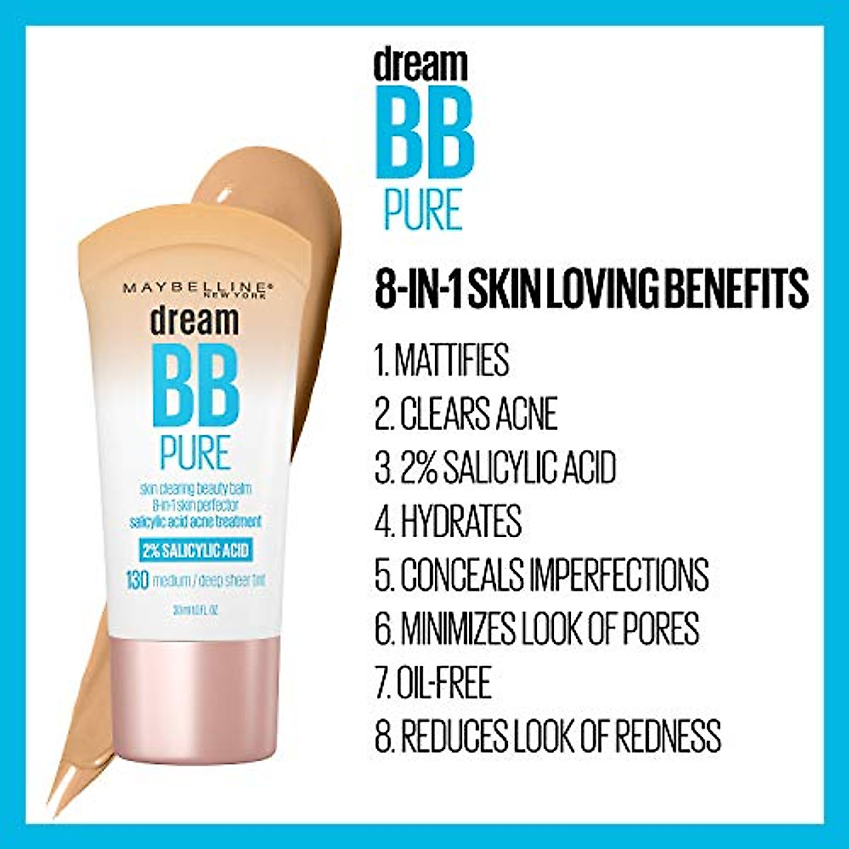 Maybelline Dream Pure Skin Clearing BB Cream, 8-in-1 Skin Perfecting Beauty Balm With 2% Salicylic Acid, Sheer Tint Coverage, Oil-Free, Light/Medium, 1 Count